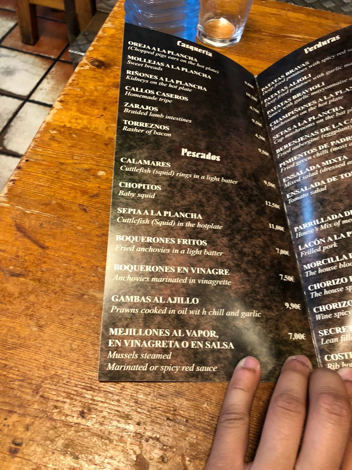 Menu at Casa Toni pub & bar, Madrid