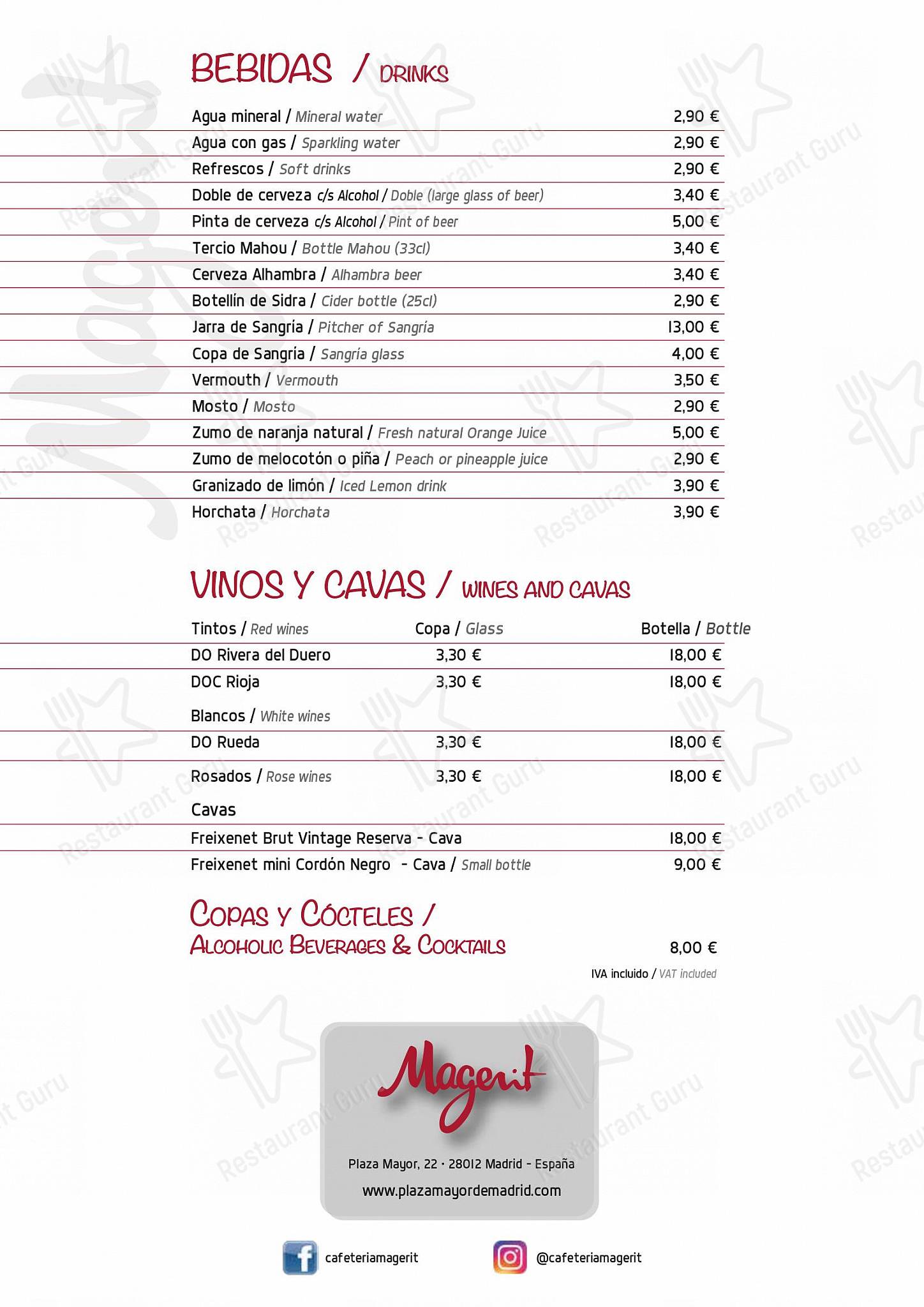 Carta de Cafetería Magerit, Madrid, Pl. Mayor