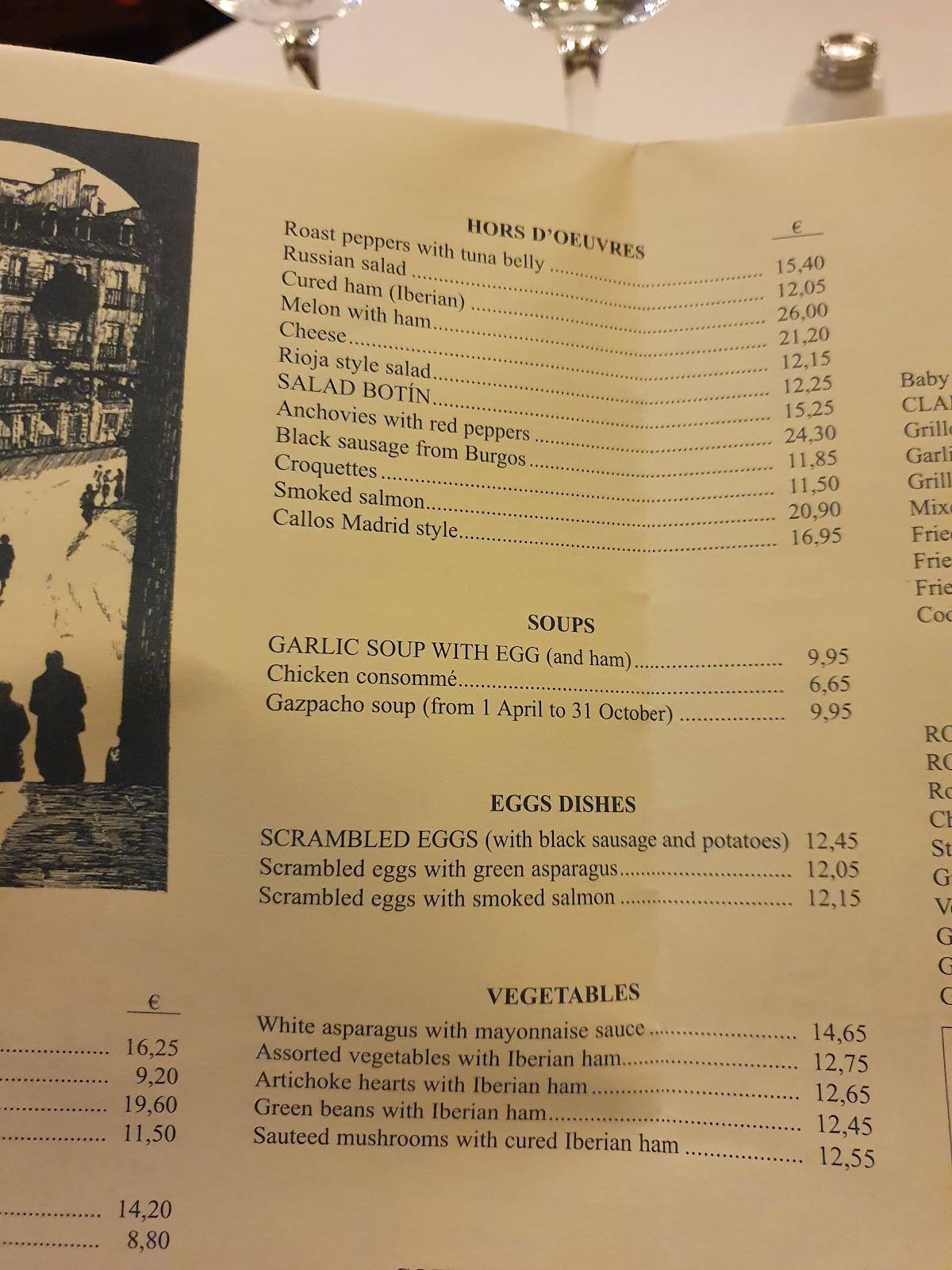 Menu at Botín steakhouse, Madrid, C. de Cuchilleros