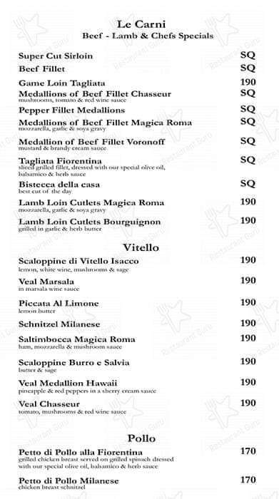 Menu at Magica Roma restaurant, Cape Town