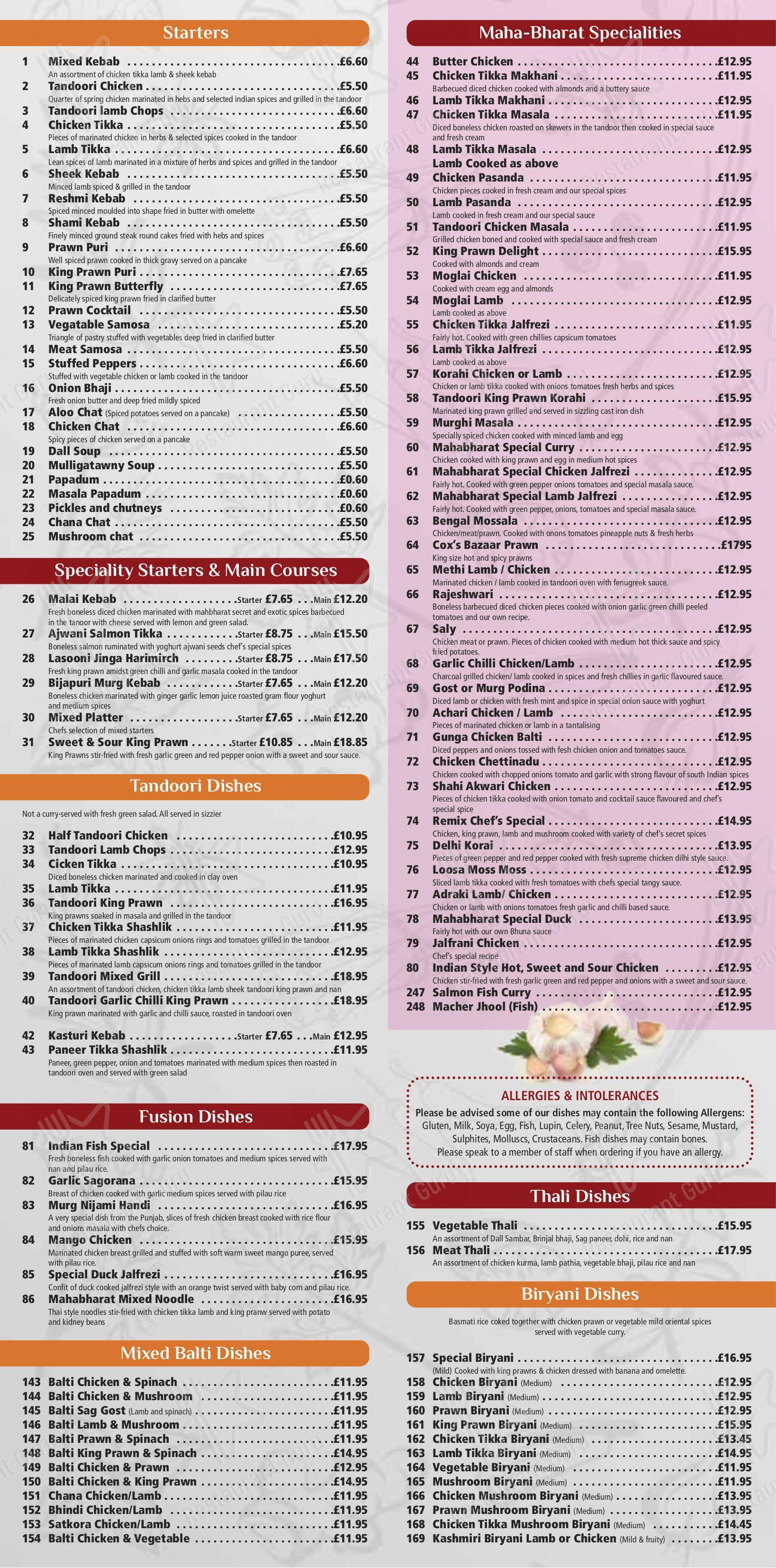 Menu at Maha-Bharat Indian Restaurant, Kingsbridge