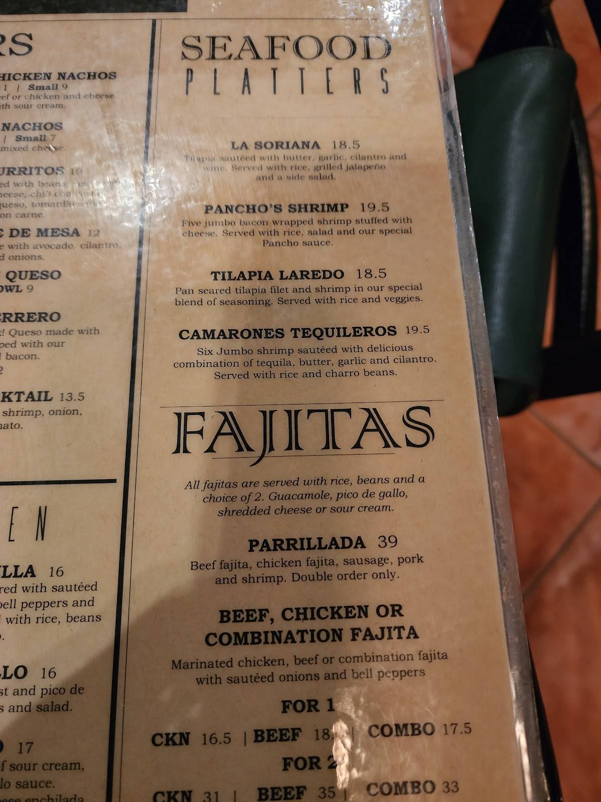 Menu at Mama Cuca's Mexican Cuisine restaurant, Mansfield