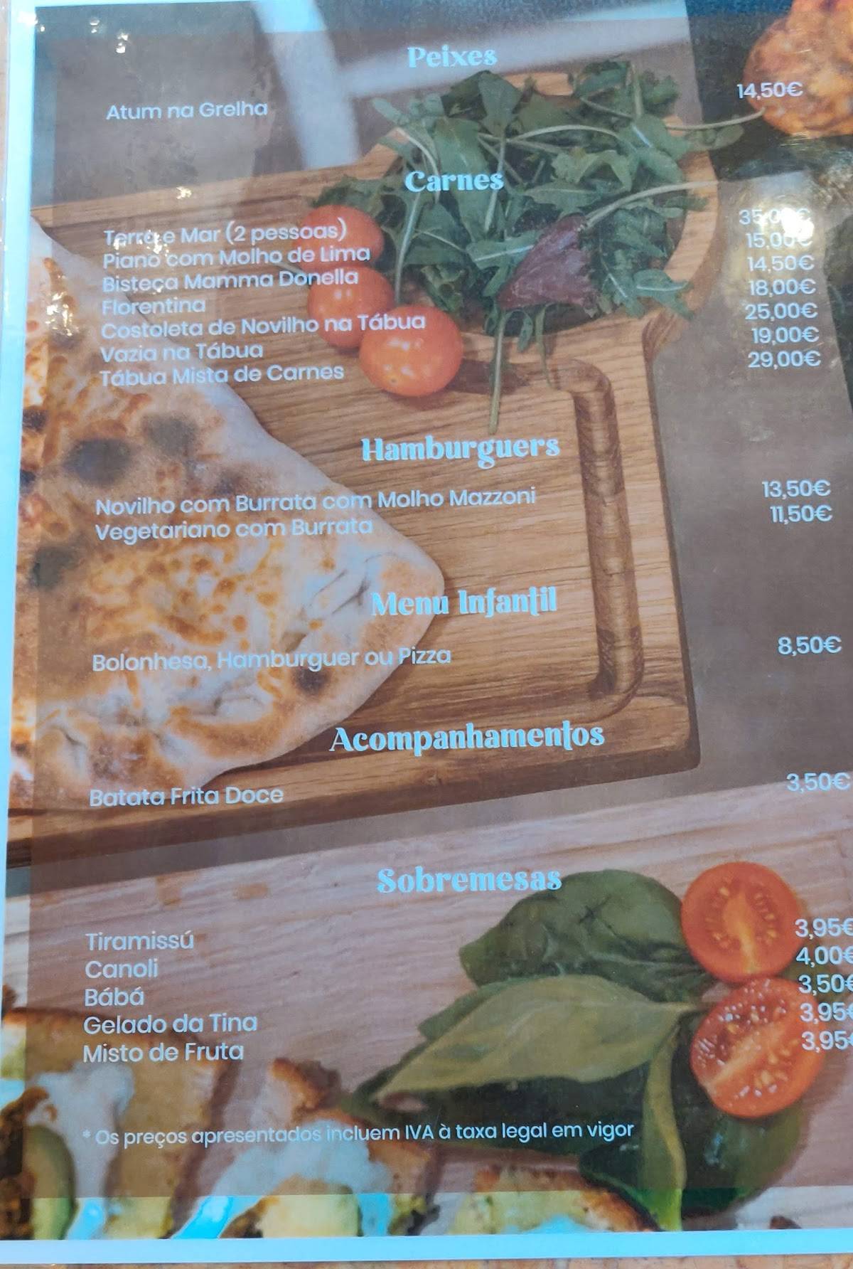 Menu em Mamma Donella restaurante, Queluz