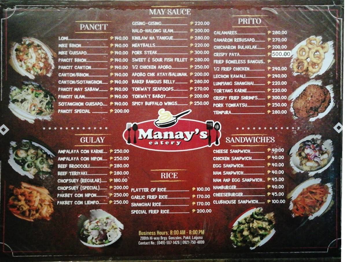 Menu at Manay's Eatery restaurant, Pakil