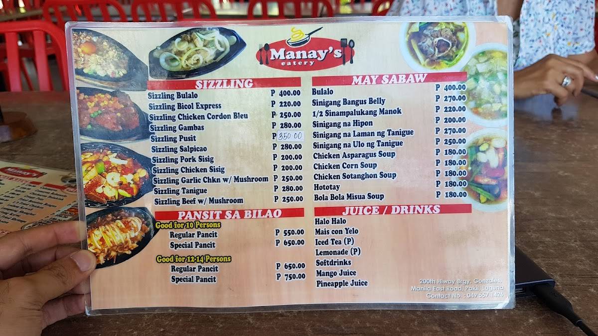 Menu at Manay's Eatery restaurant, Pakil