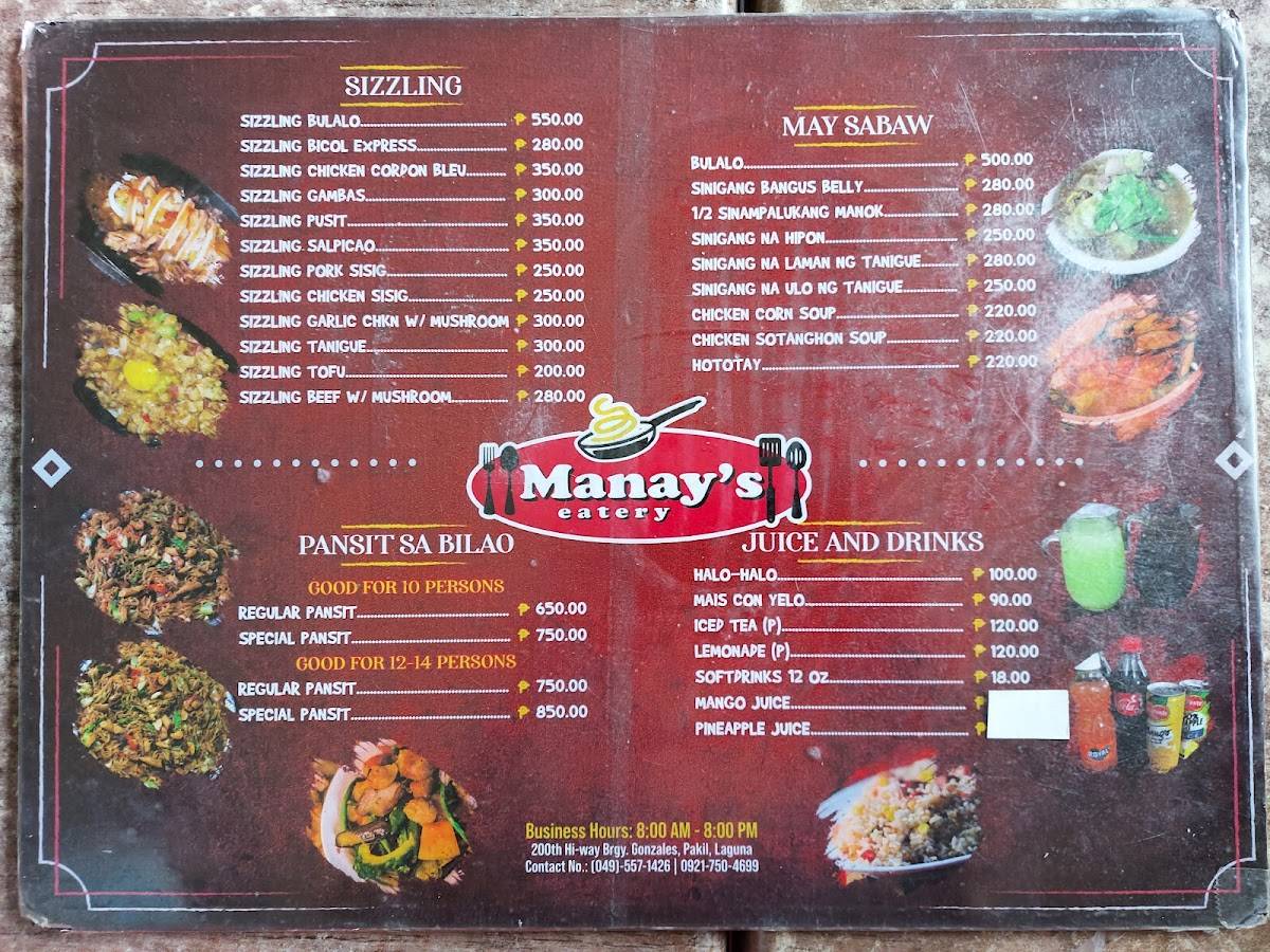 Menu at Manay's Eatery restaurant, Pakil