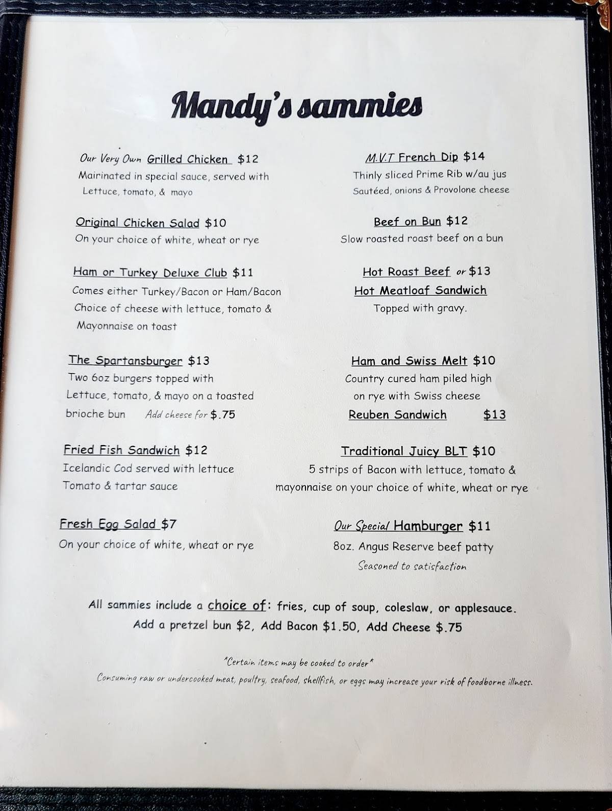 Menu at Mandy’s Dutch Treat restaurant, Spartansburg