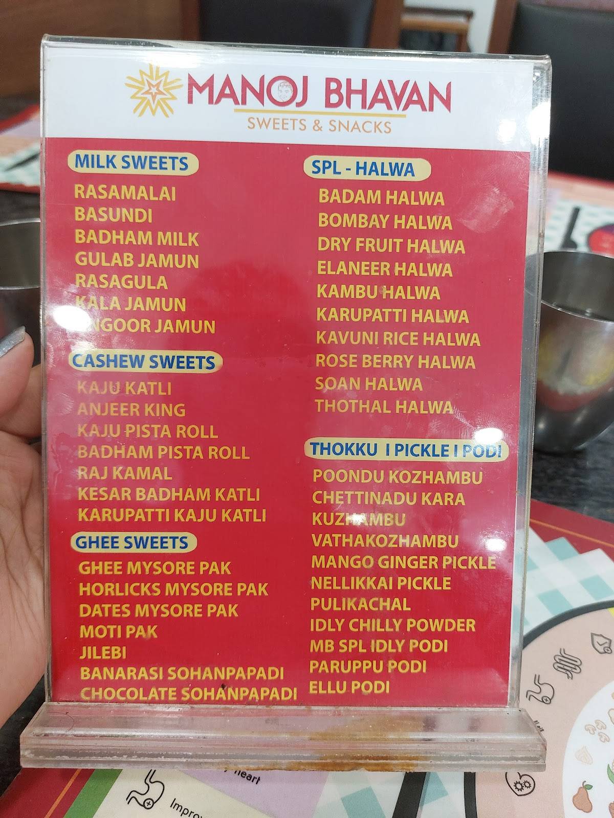 Menu at Manoj Bhavan Veg Restaurant, Chennai