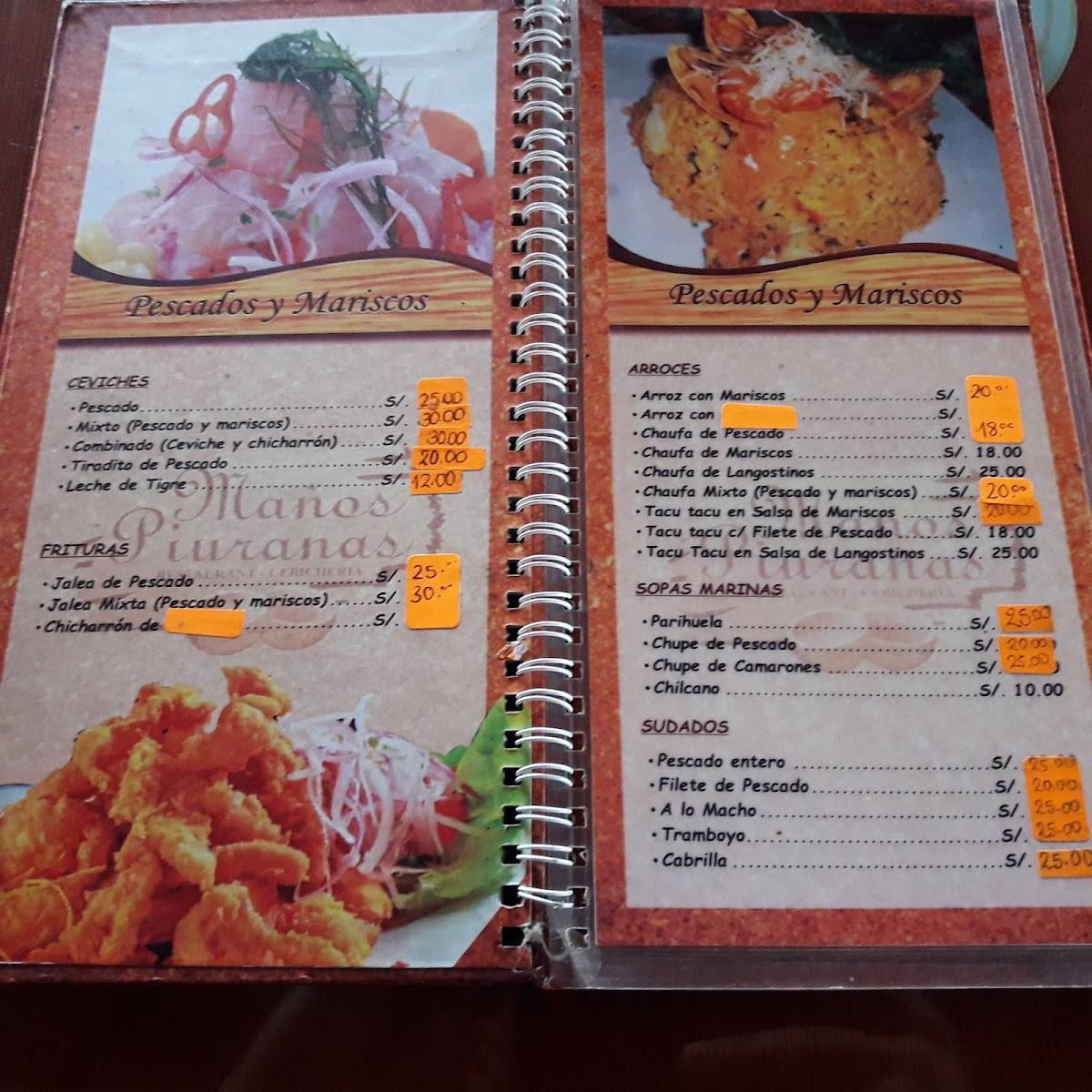 Menu at Manos Piuranas restaurant, Lima, Mercado Santa Rosa