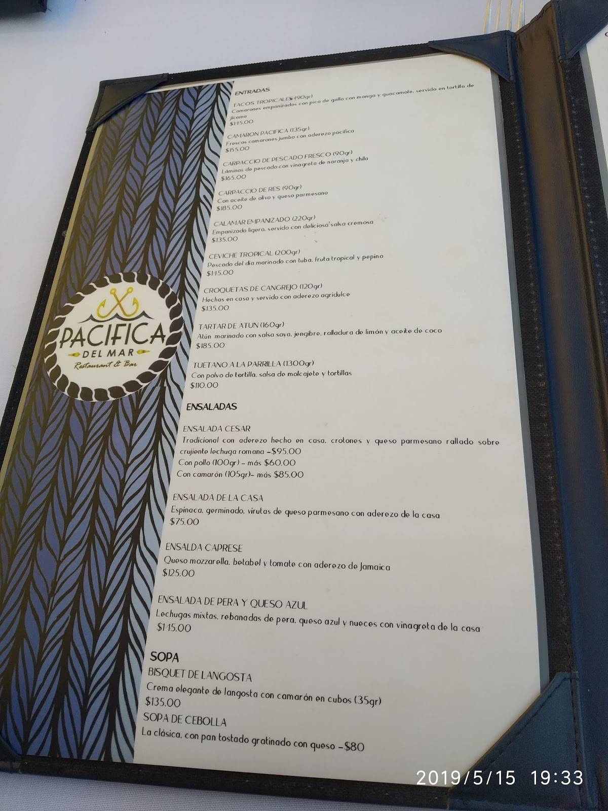 Menu at Pacifica del Mar pub & bar, Manzanillo