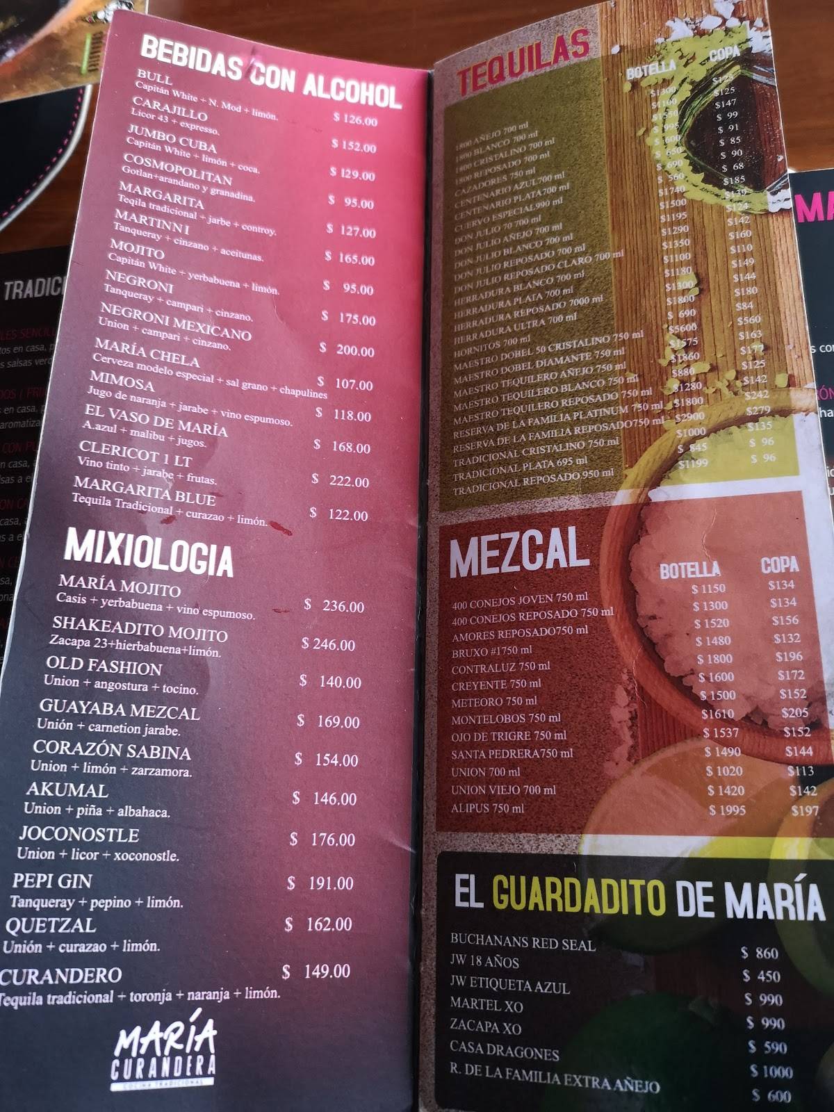 Carta del restaurante María Curandera, Metepec