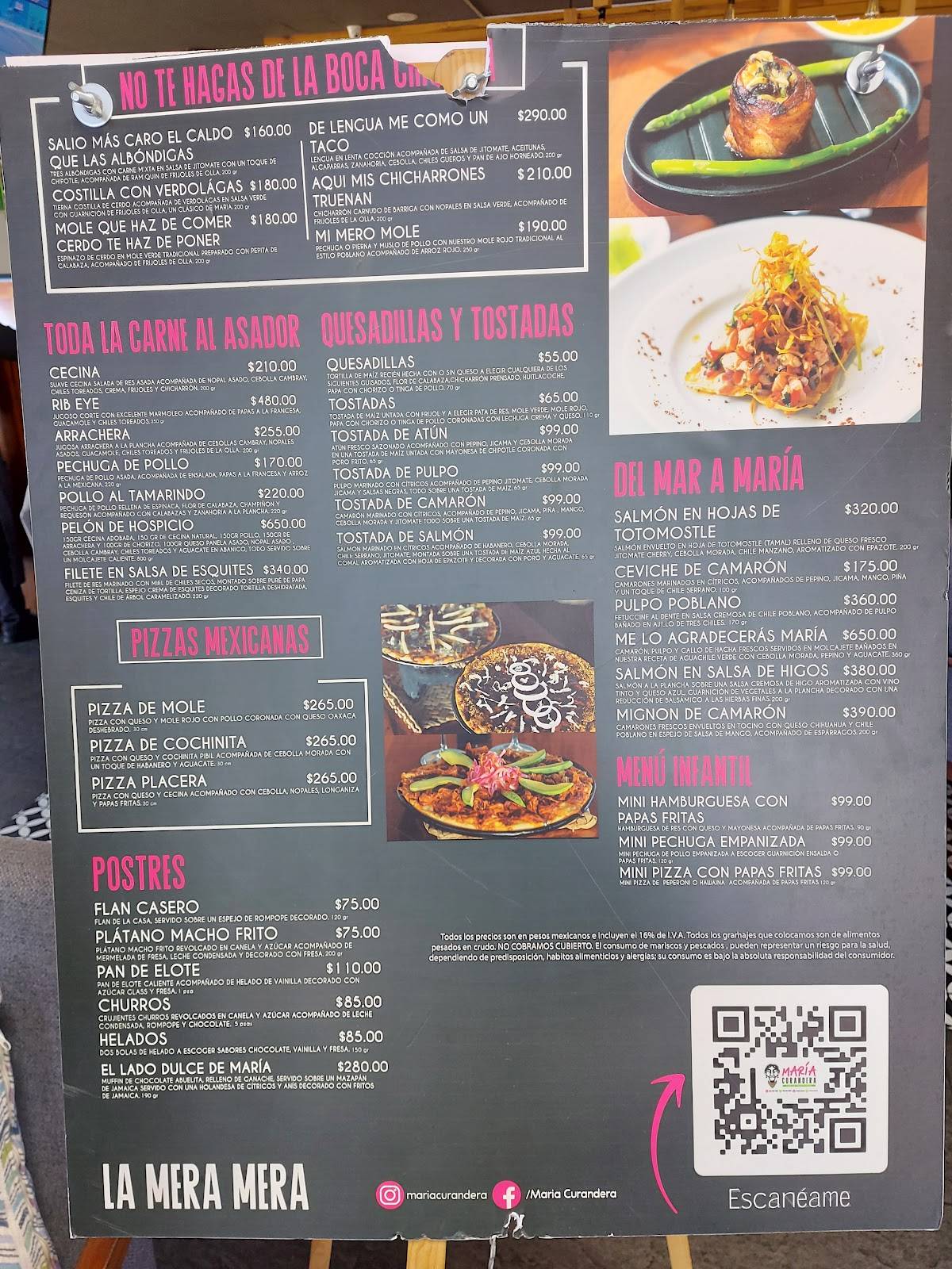 Carta del restaurante María Curandera, Metepec