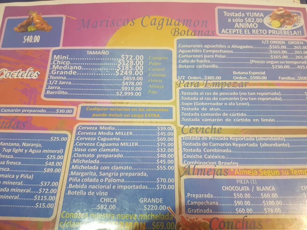 Menu at Mariscos El Caguamón restaurant, Mexicali