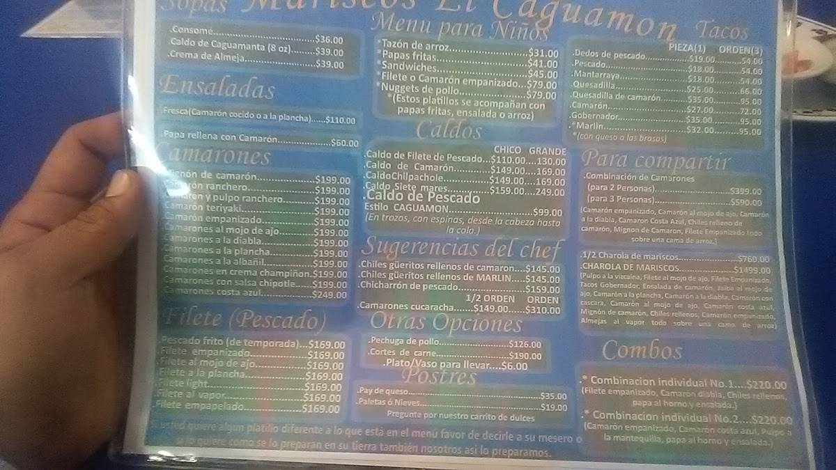 Menu at Mariscos El Caguamón restaurant, Mexicali