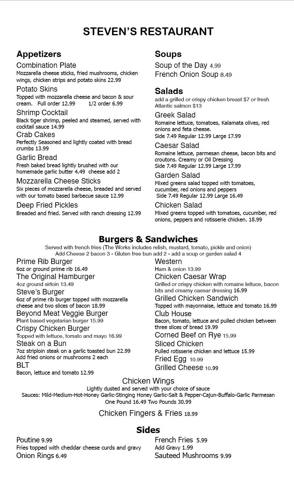 Menu at Steven's Bar-B-Q Restaurant, Markdale