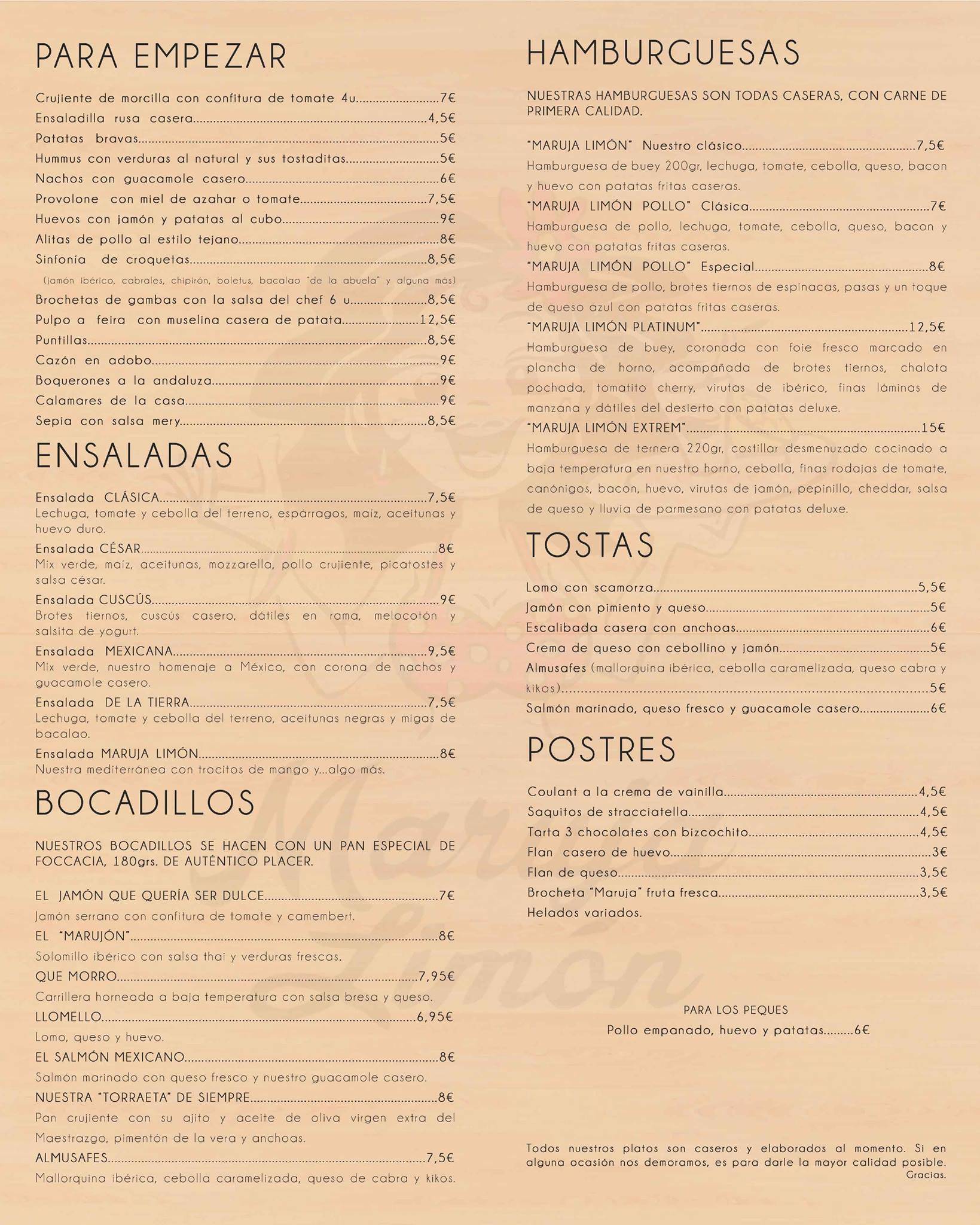 Carta del restaurante Maruja Limon, Benicasim