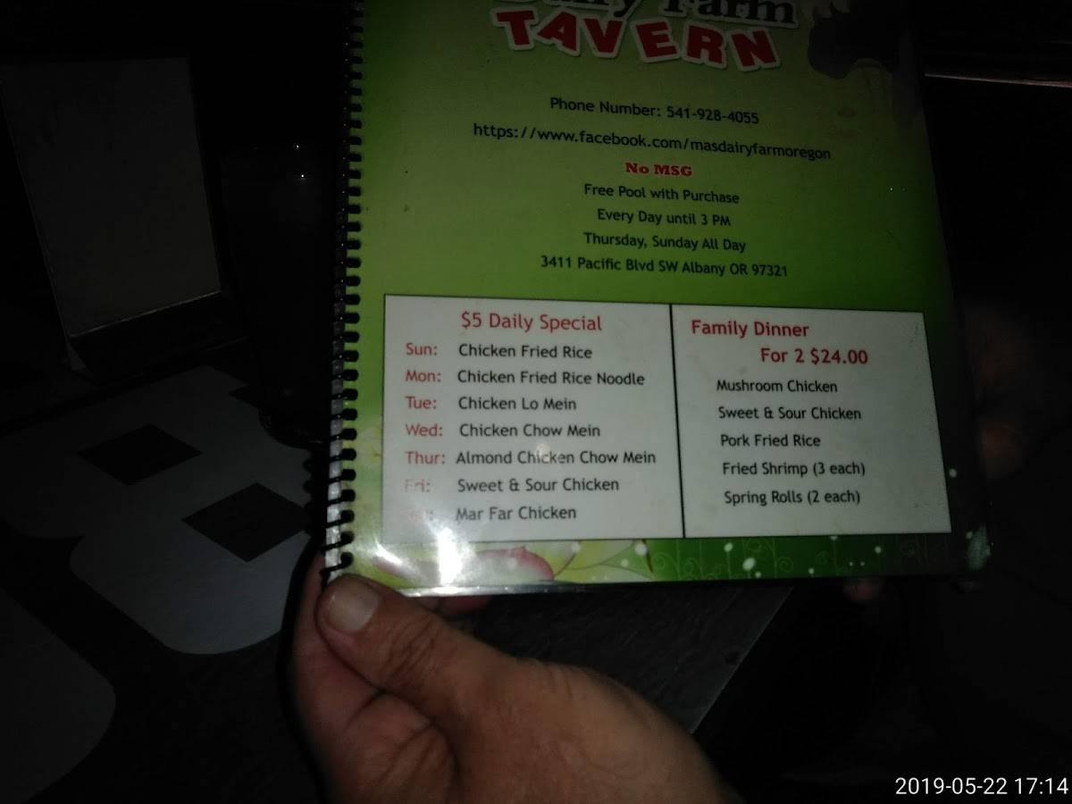Menu at Ma’s Dairy Farm pub & bar, Albany