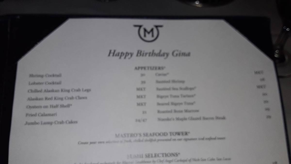 Menu at Mastro's Ocean Club, Scottsdale