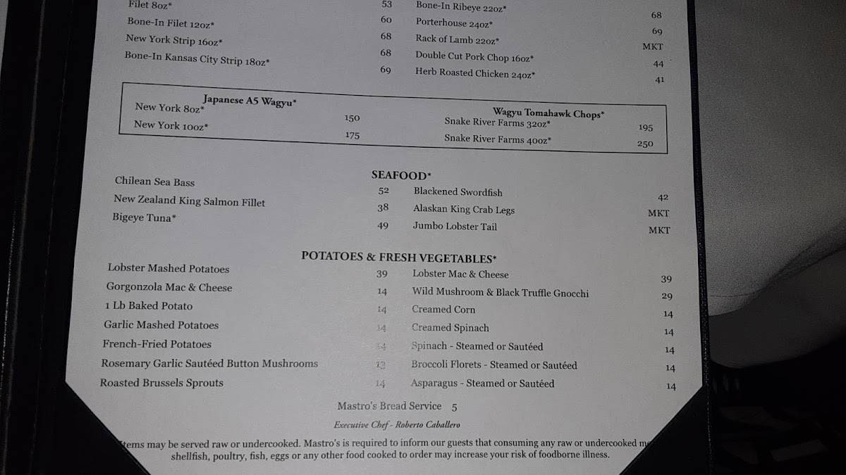 Menu at Mastro's Ocean Club, Scottsdale
