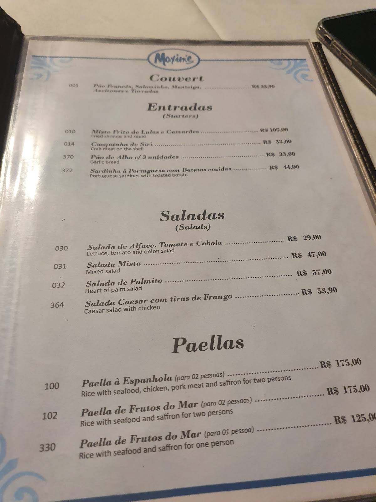 Menu at Maxim's Rio - (Copacabana) restaurant, Rio de Janeiro