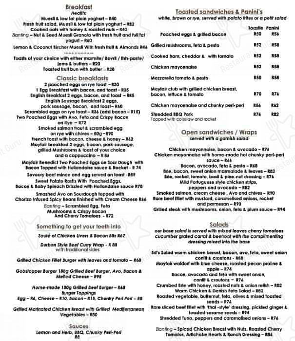 Menu at Mayfair Cafe., Durban