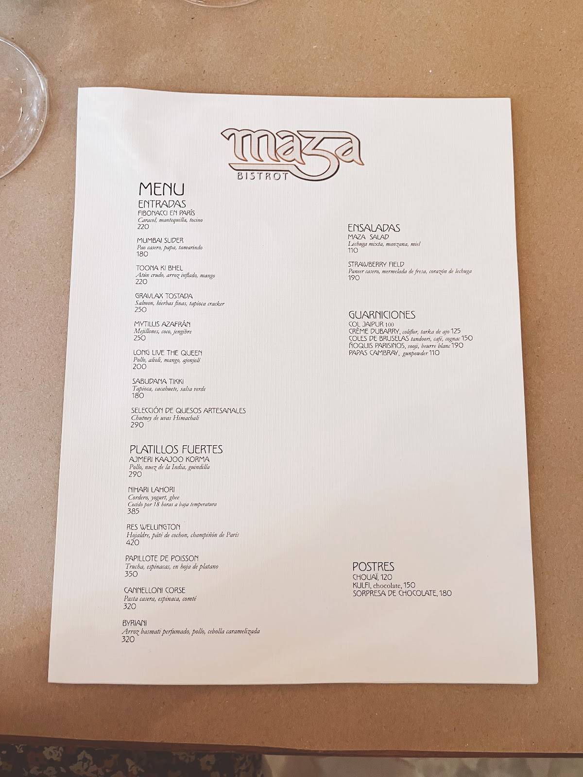 Menu at Maza Bistrot restaurant, Mexico City