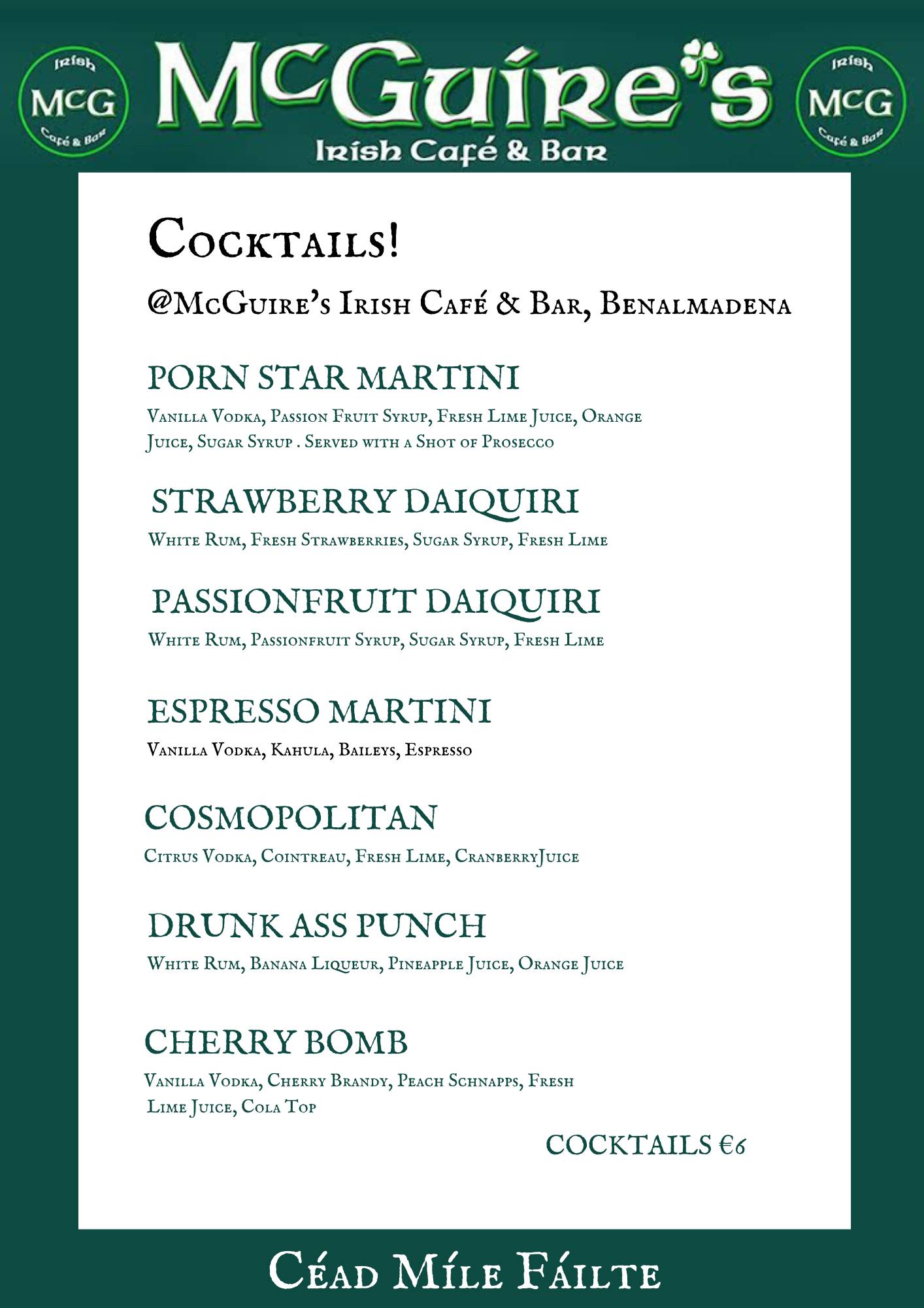 Menu at McGuire's Irish Cafe & Bar, Benalmádena