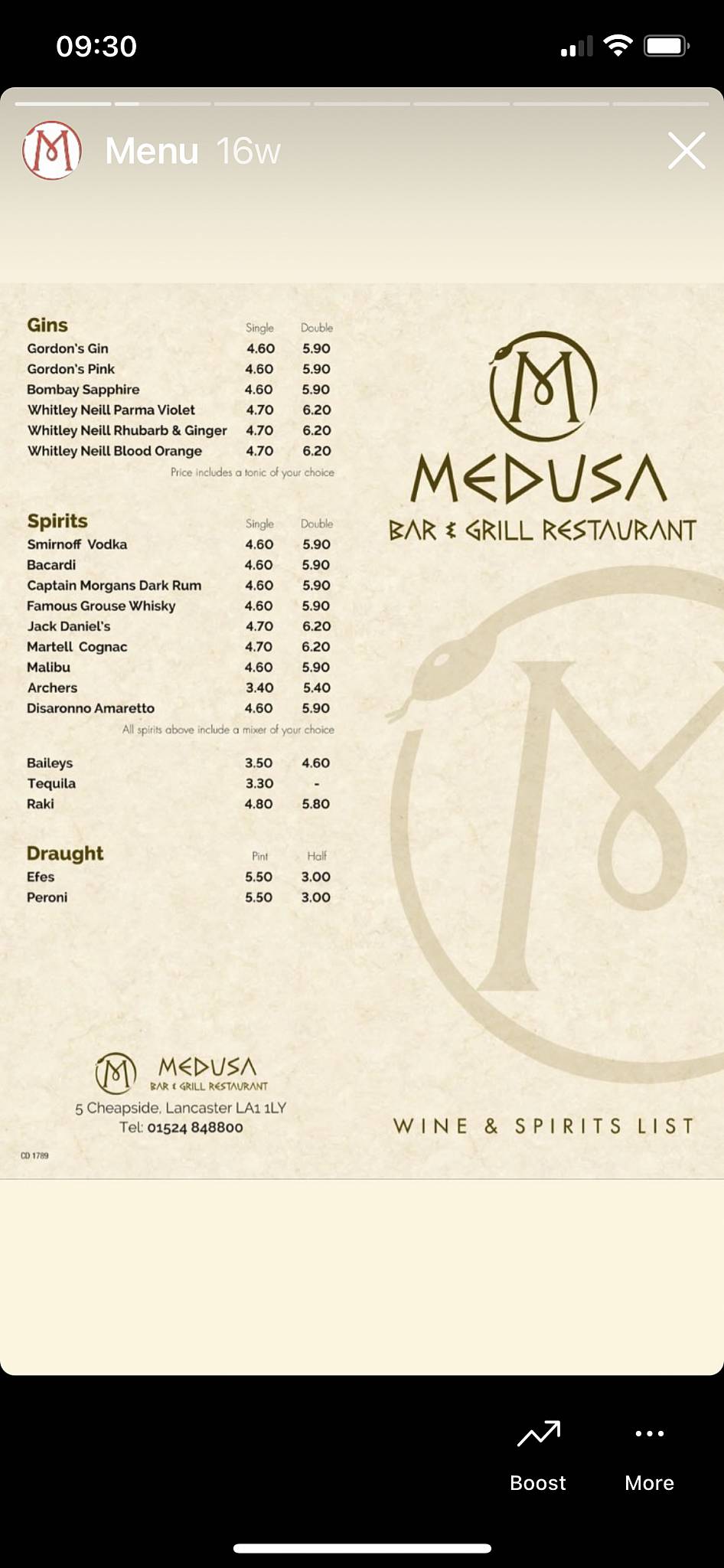 Menu at Medusa restaurant, Lancaster