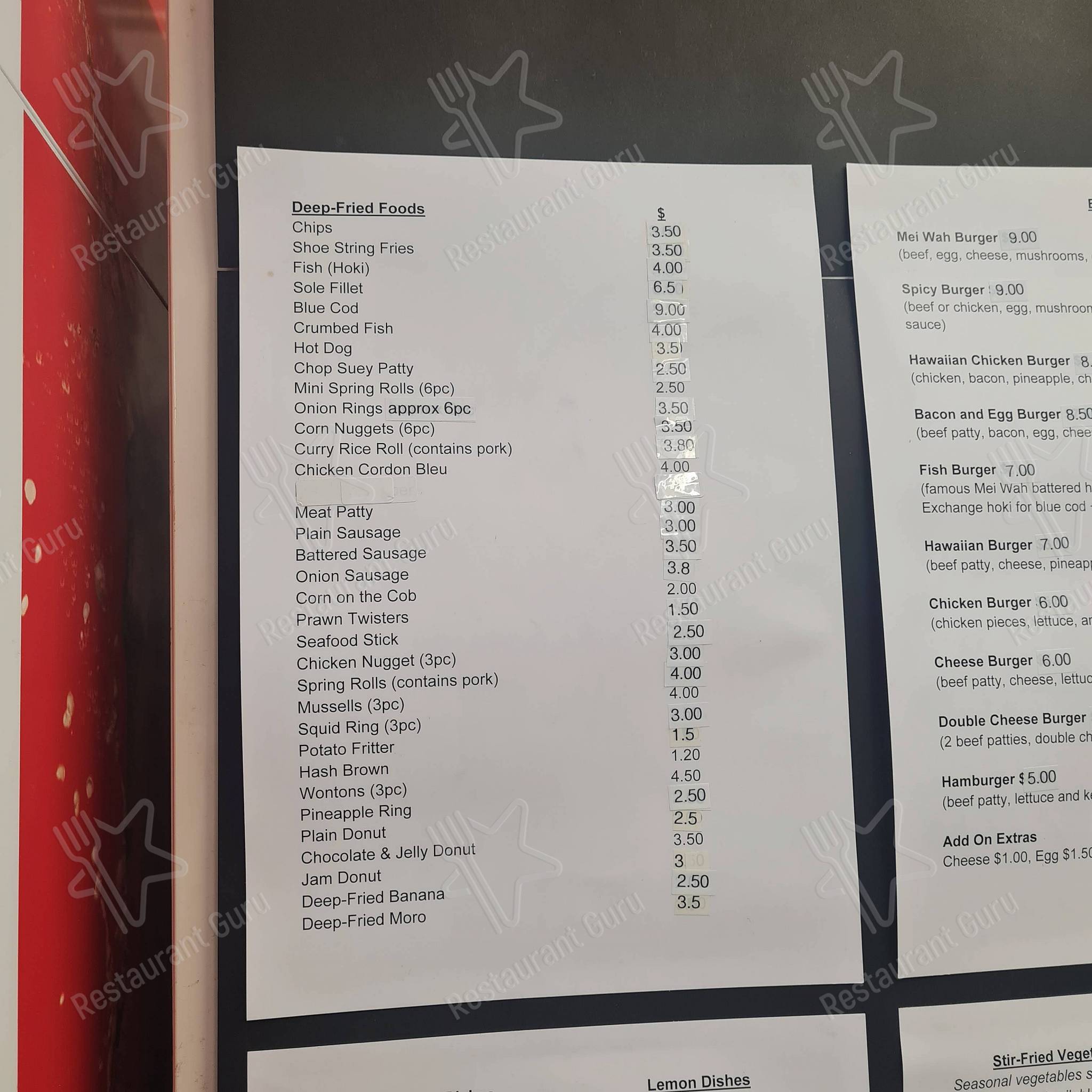 Menu at Mei Wah Takeaways fast food, Dunedin