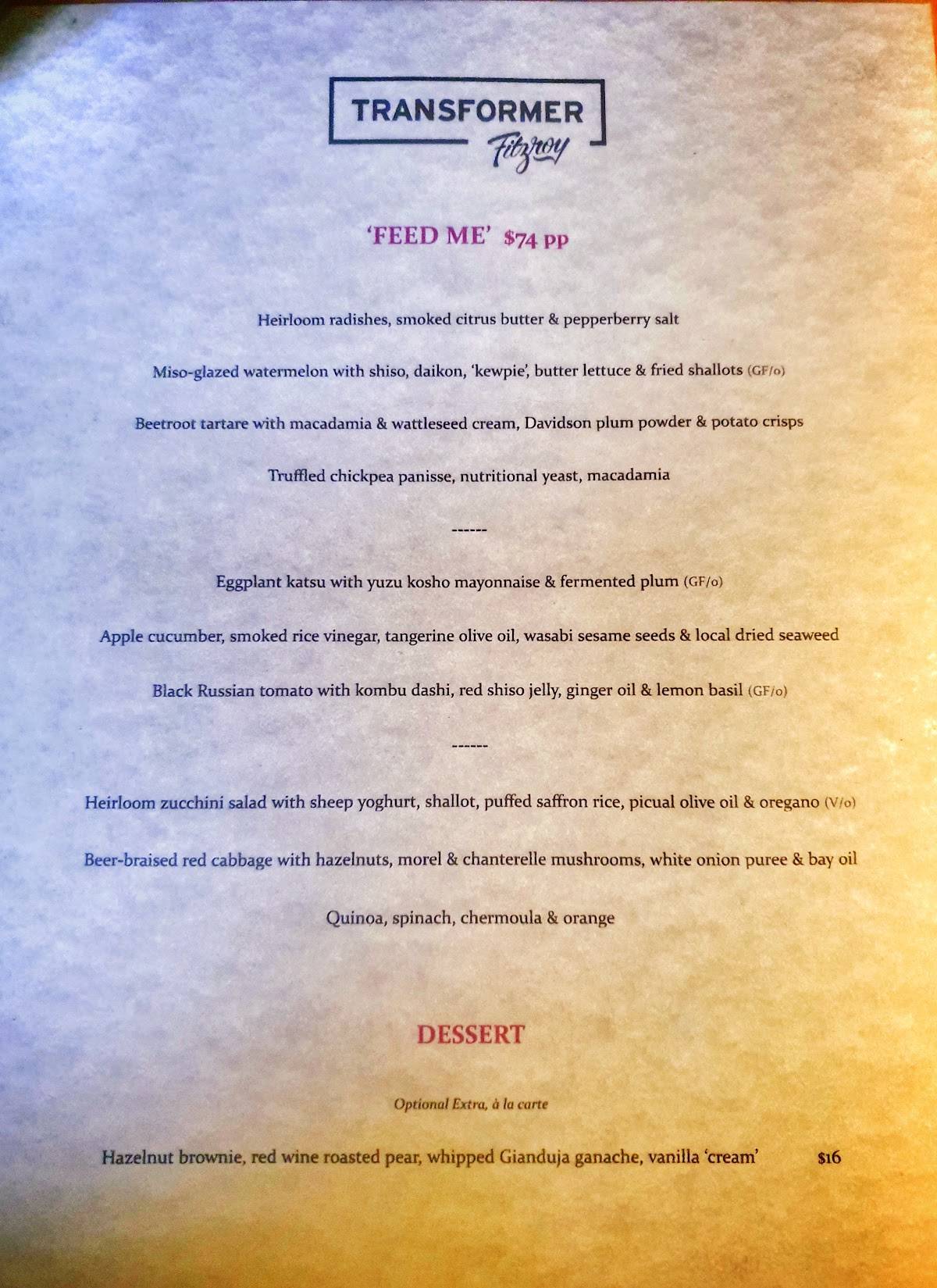 Menu at Transformer Next Door restaurant, Fitzroy