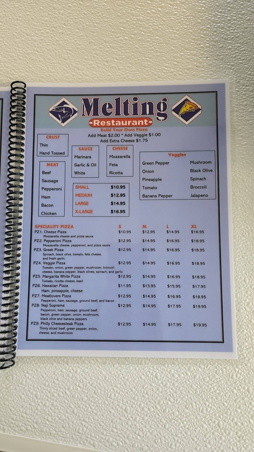 Menu at Melting Restaurant, Georgetown