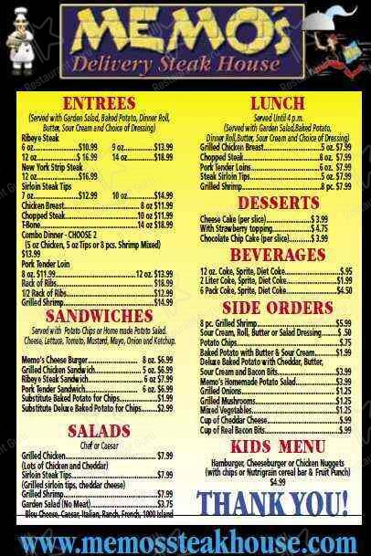 Menu at Memo's Steak House steakhouse, Clearwater