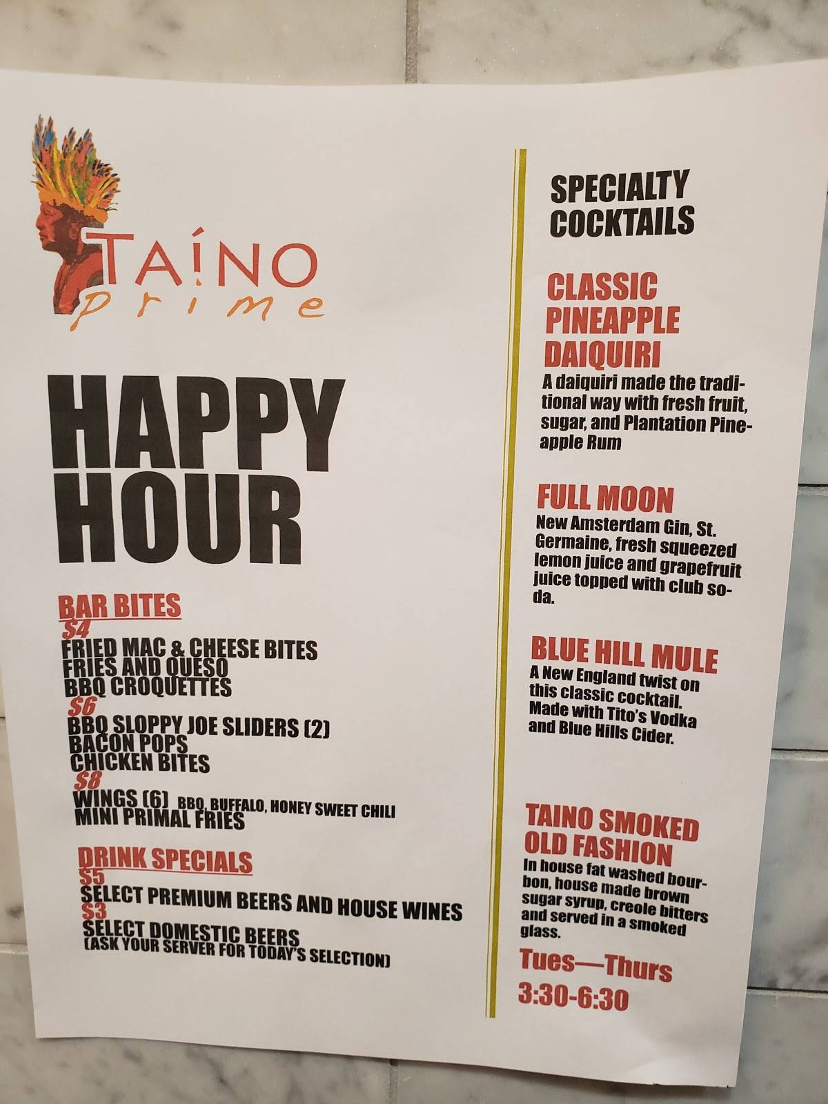 Menu at Taino Smokehouse Prime BBQ, Meriden