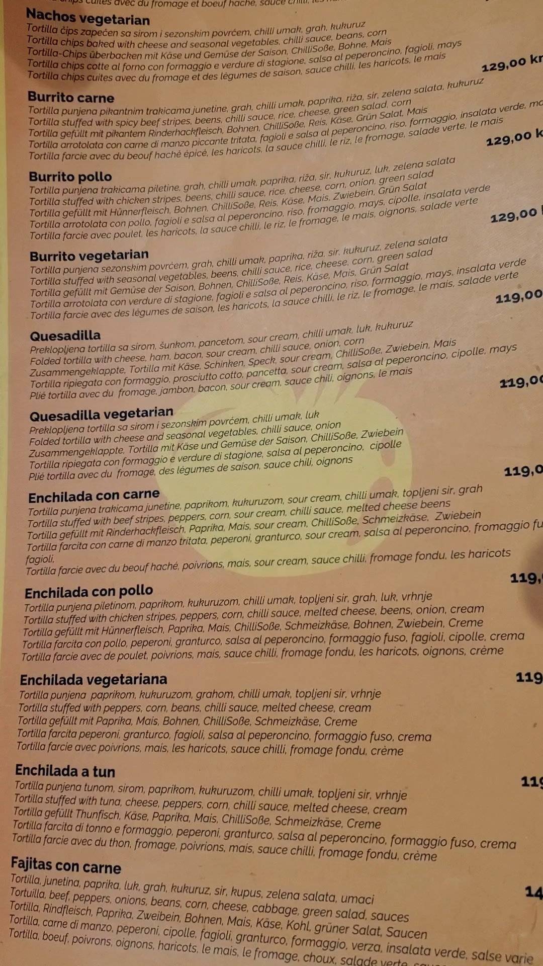 Menu at Mex Cantina Bona Fide restaurant, Dubrovnik