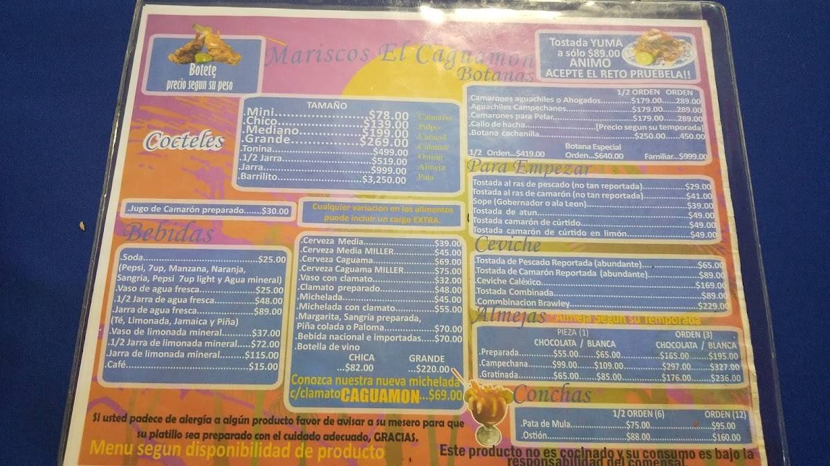 Menu at Mariscos El Caguamón restaurant, Mexicali