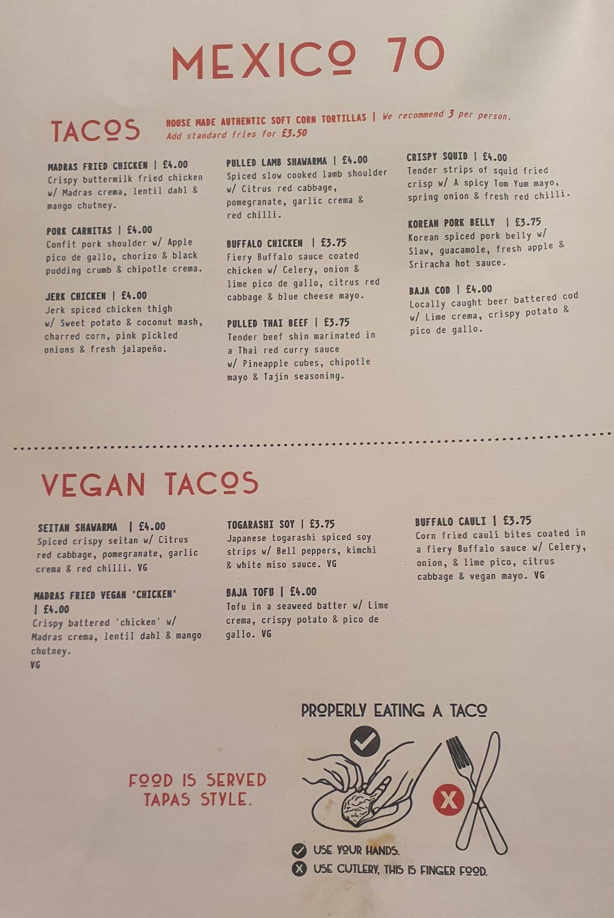 Menu at Mexico 70 restaurant, Sunderland