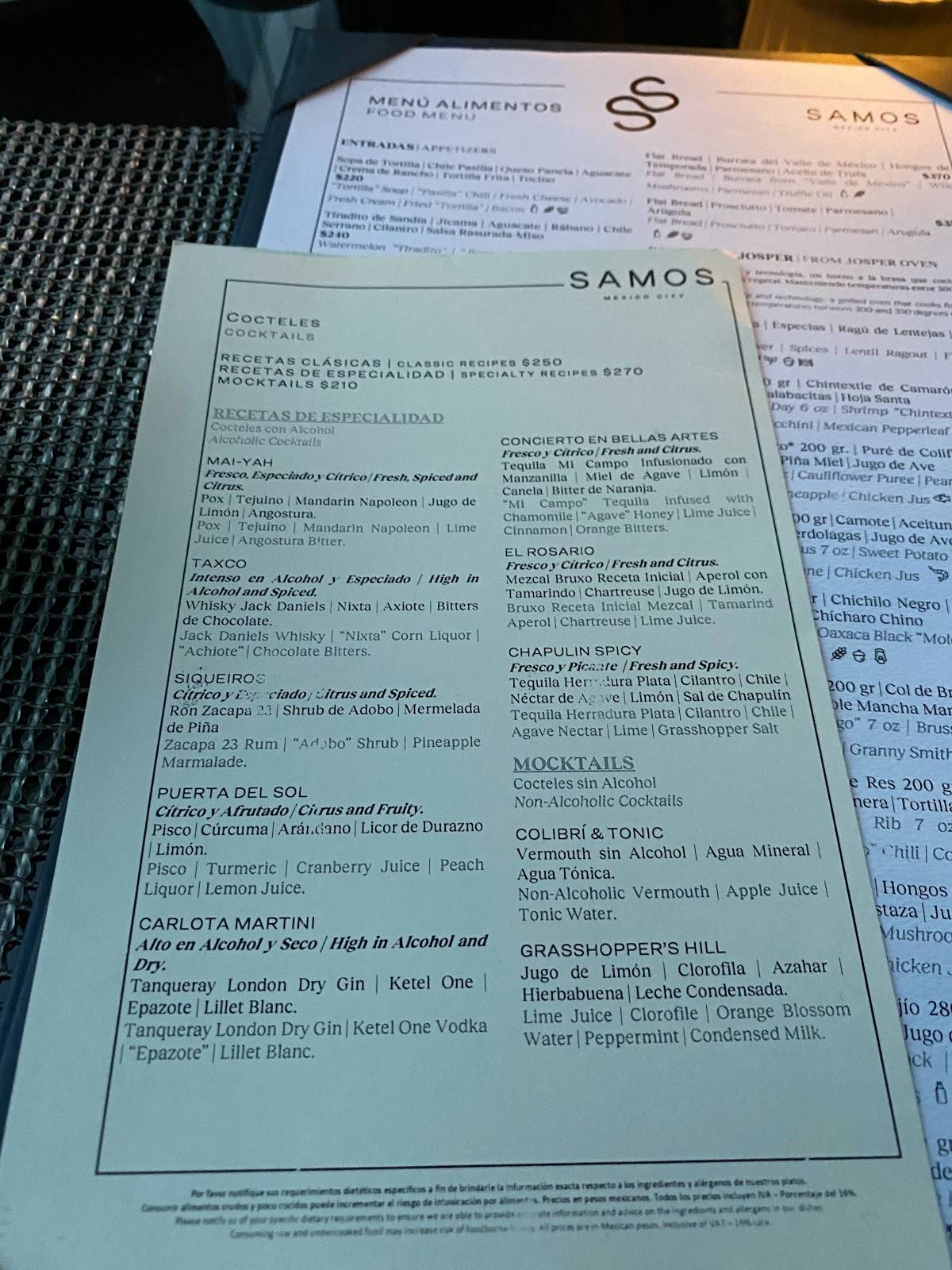 Carta del restaurante SAMOS - The Ritz Carlton México City, Ciudad del ...