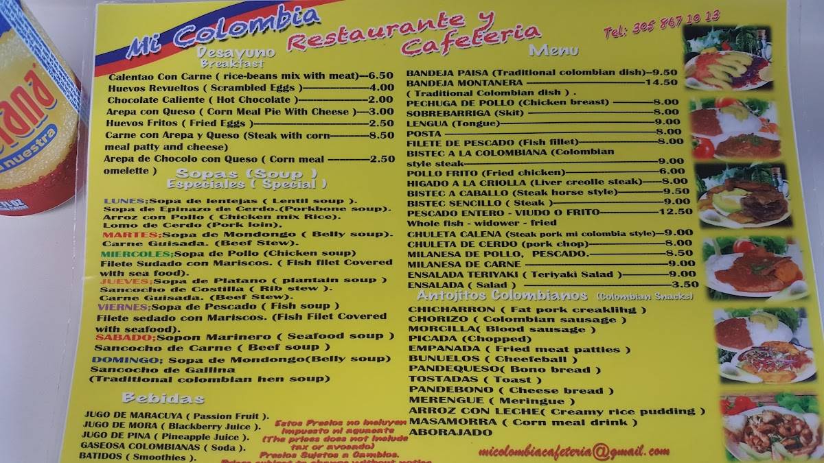 Menu at Mi Colombia cafeteria Miami Beach, Miami Beach