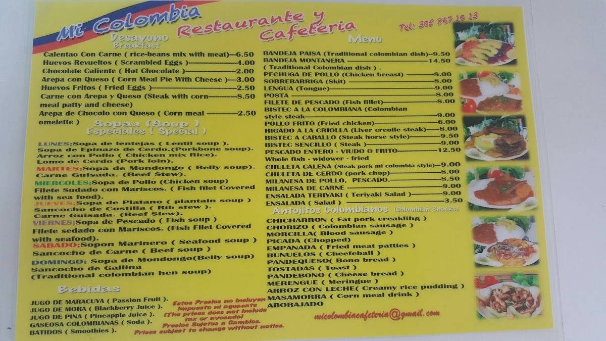 Menu at Mi Colombia cafeteria Miami Beach, Miami Beach