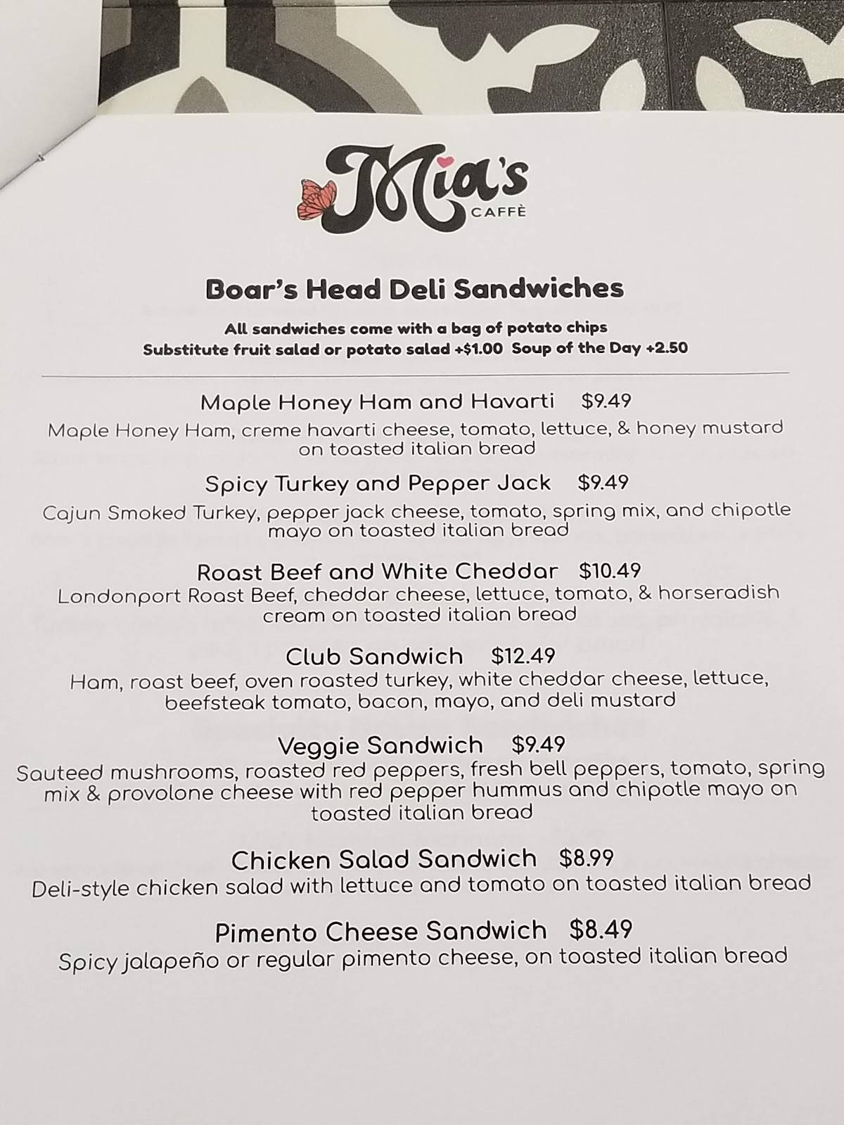 Menu at Mia's Caffe restaurant, Meridian