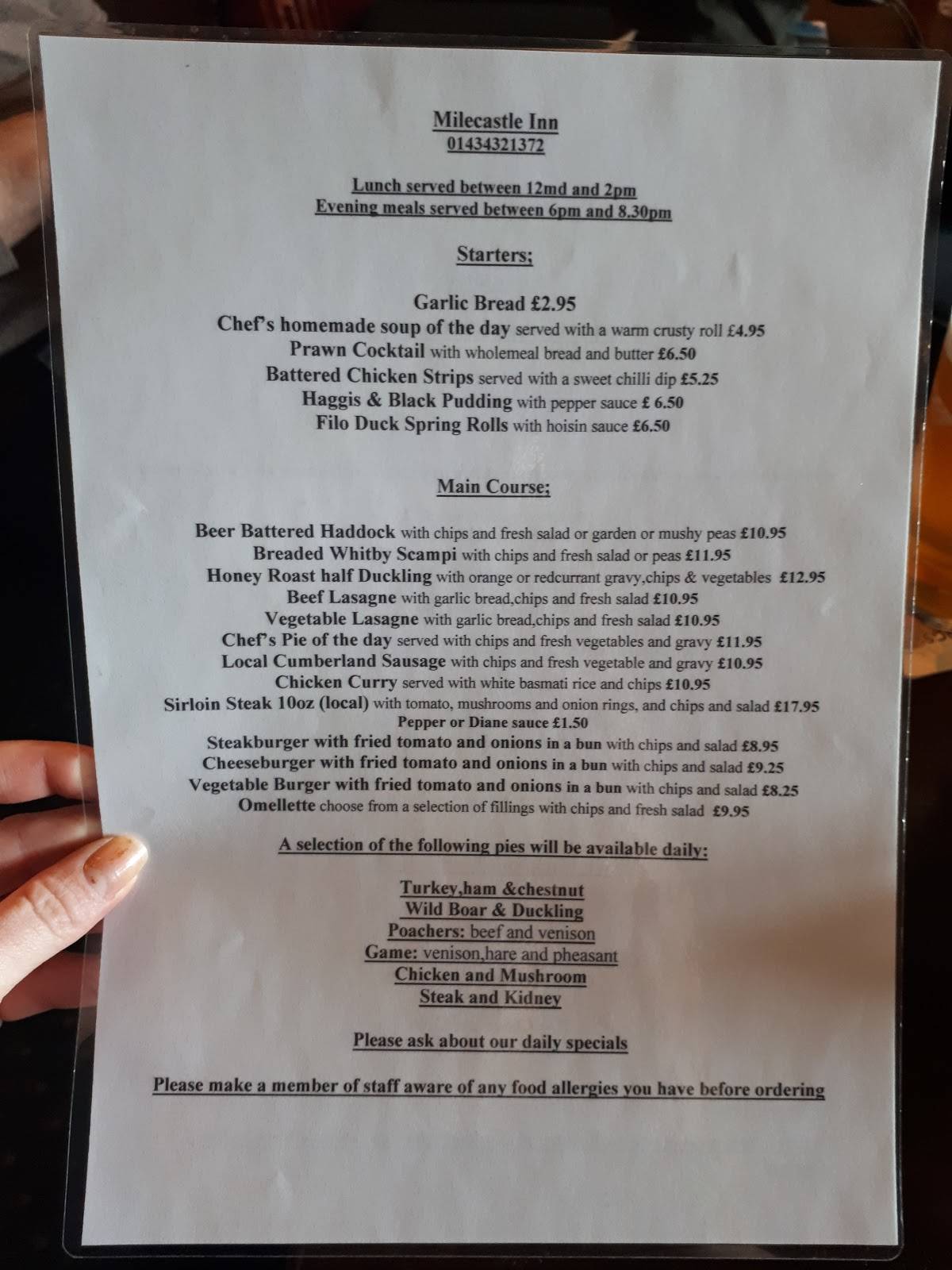 Menu at Milecastle Inn pub & bar, Haltwhistle