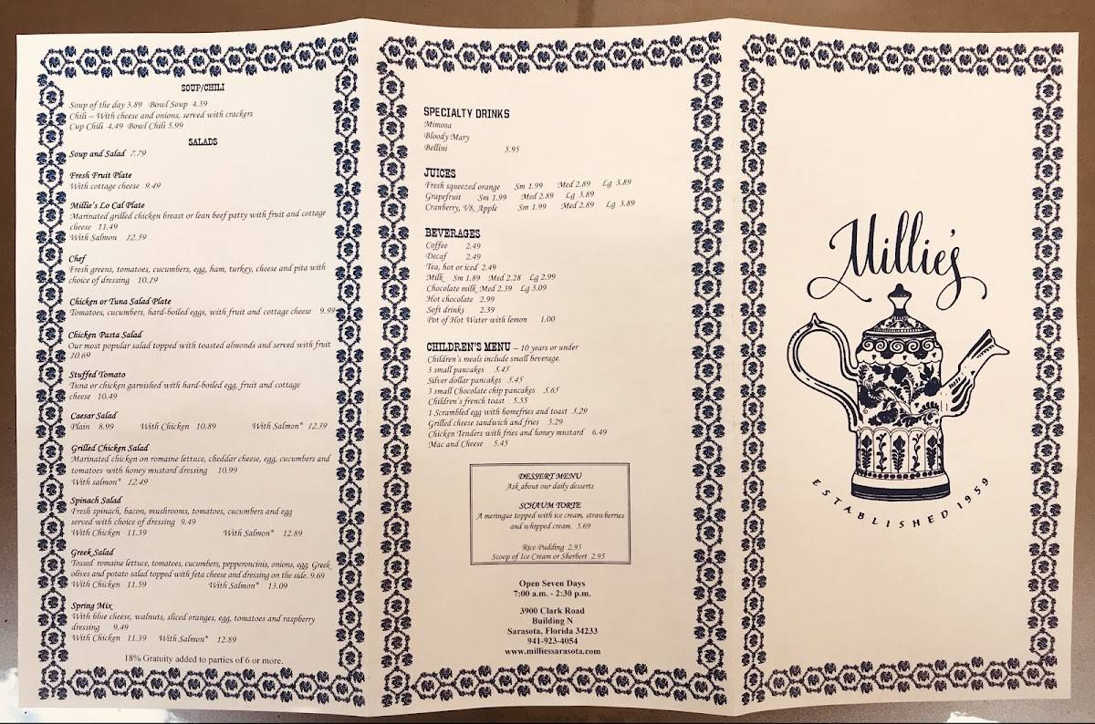 Menu at Millie's fast food, Sarasota
