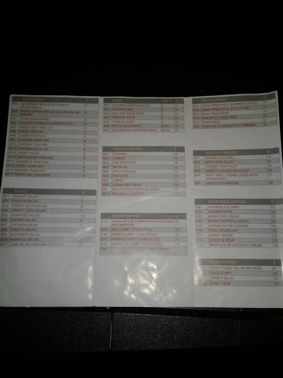 Menu at Mint Thai Cuisine restaurant, Punta Gorda