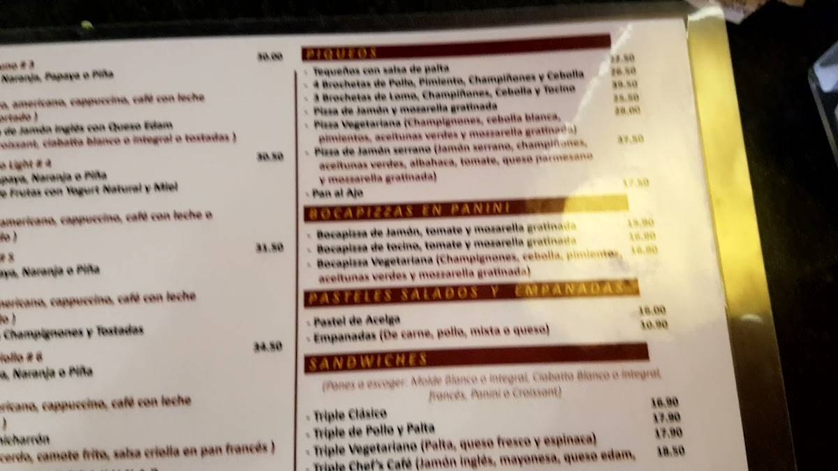Carta de Chef's Café, Miraflores, Av. José Larco 763