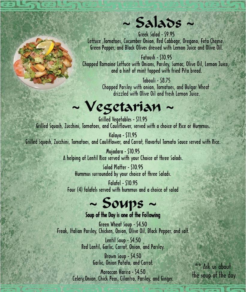 Menu at Mirage Mediterranean restaurant, Louisville