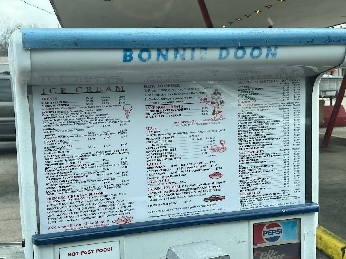 Menu at Bonnie Doon Drive-In restaurant, Mishawaka