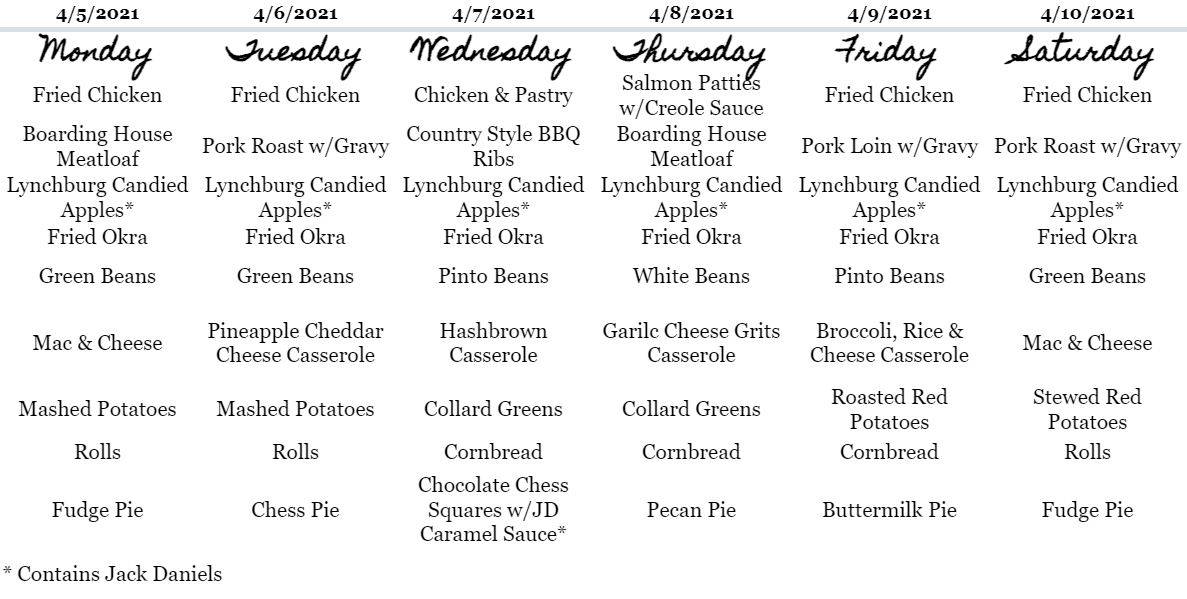 Menu at Miss Mary Bobo's Restaurant, Lynchburg