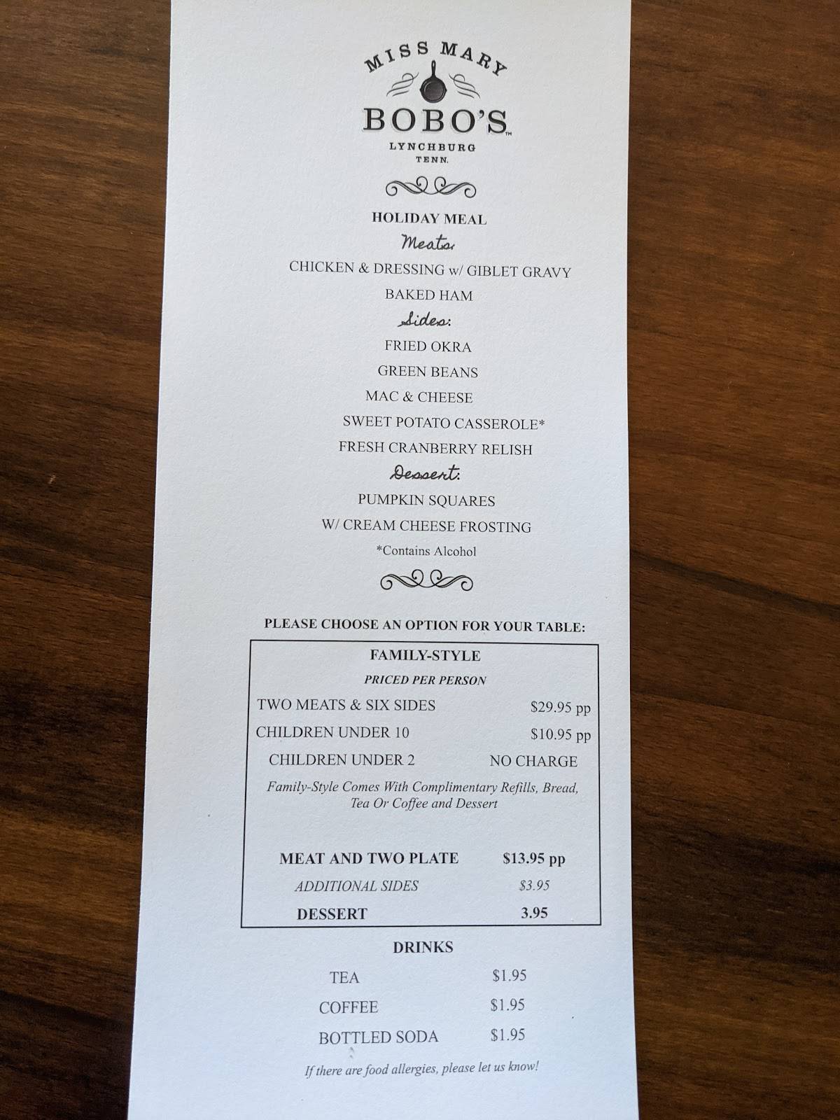 Menu at Miss Mary Bobo's Restaurant, Lynchburg