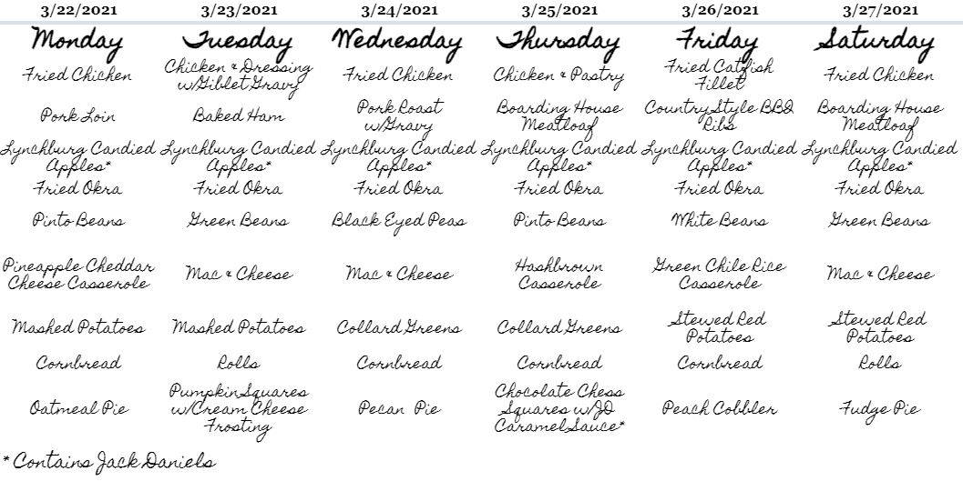 Menu at Miss Mary Bobo's Restaurant, Lynchburg