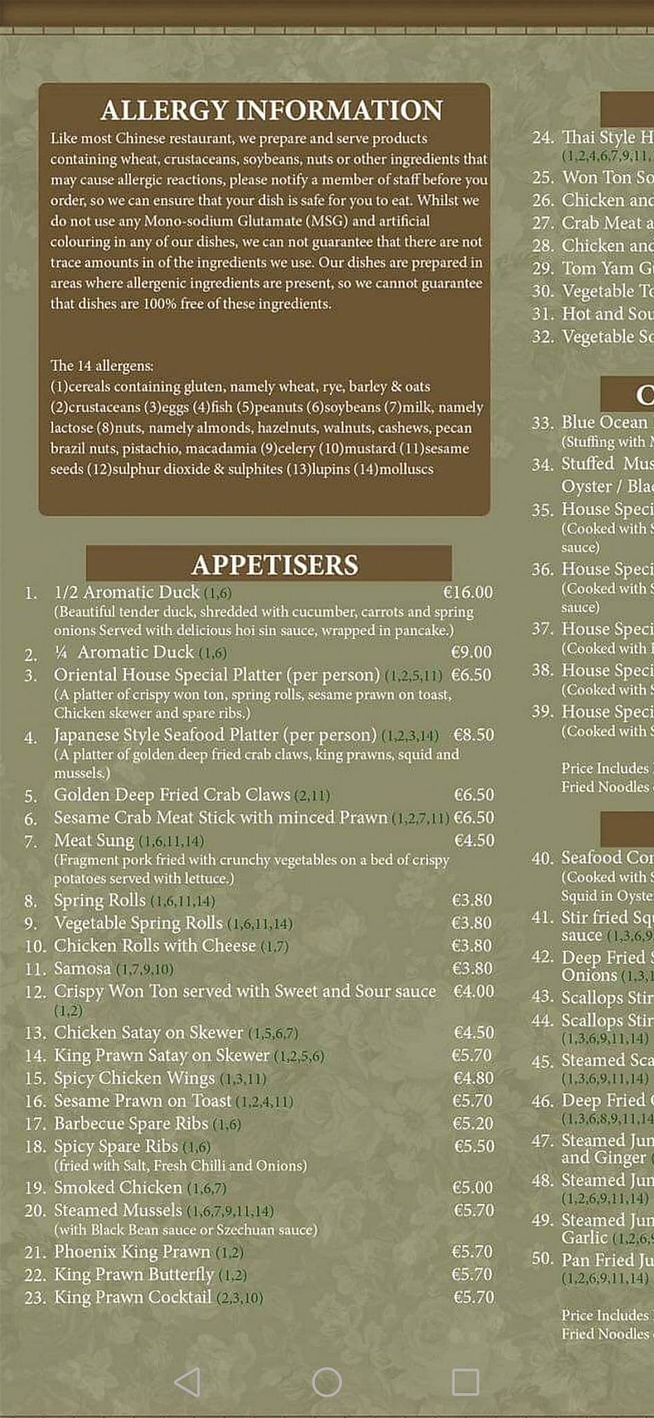 Menu at Blue Ocean fast food, Mitchelstown